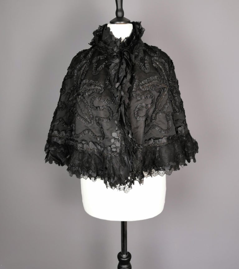 Antique Victorian mourning cape, French jet, taffeta, silk and lace For ...