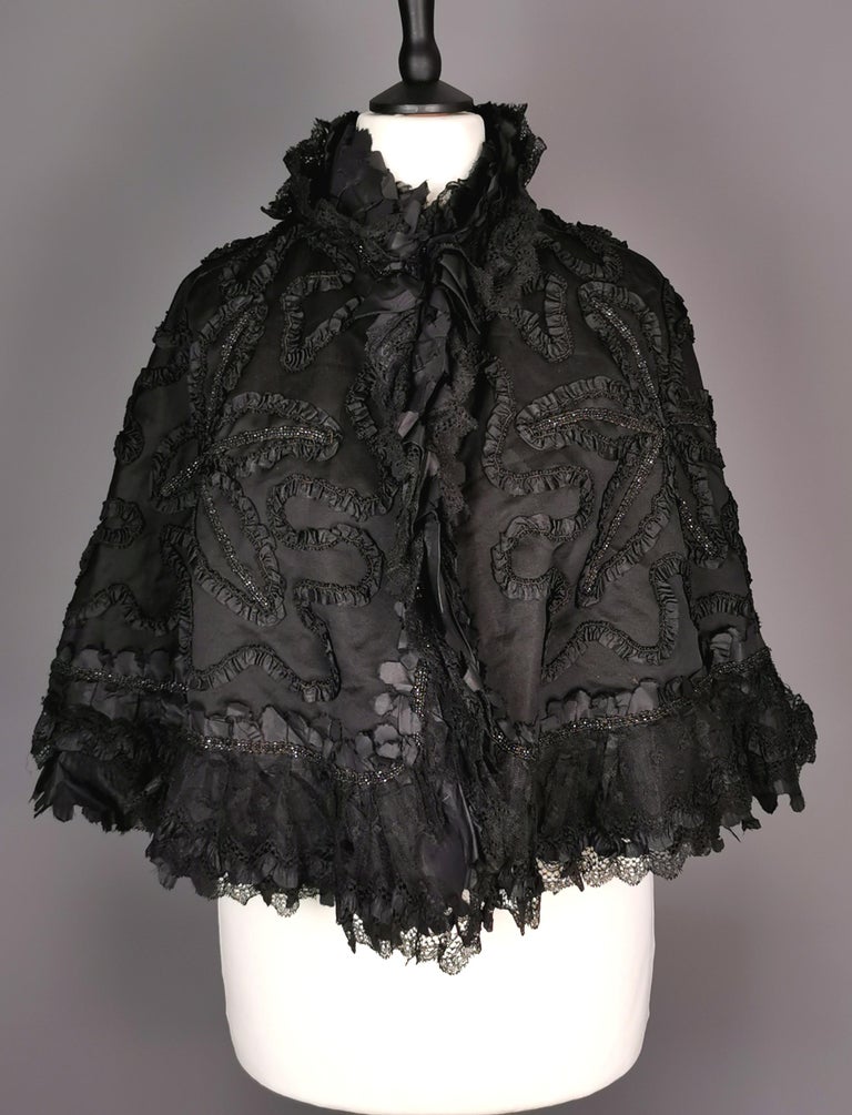 Antique Victorian mourning cape, French jet, taffeta, silk and lace For ...