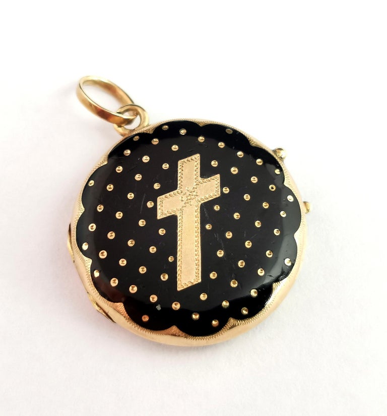 Antique Victorian Mourning Locket, 9k Gold, Black Enamel, Cross Design ...