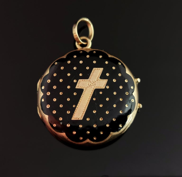 Antique Victorian Mourning Locket, 9k Gold, Black Enamel, Cross Design ...