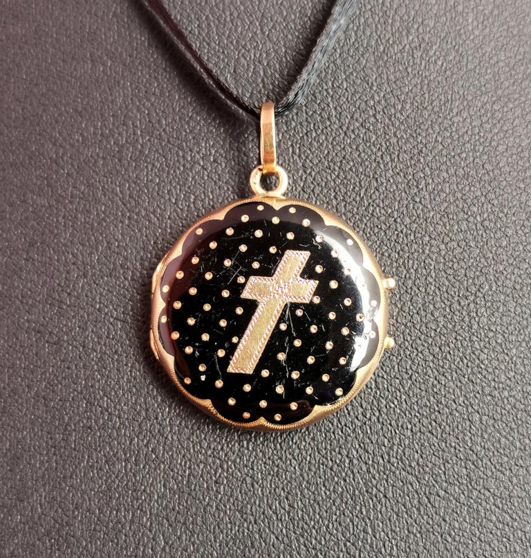 Antique Victorian Mourning Locket, 9k Gold, Black Enamel, Cross Design ...