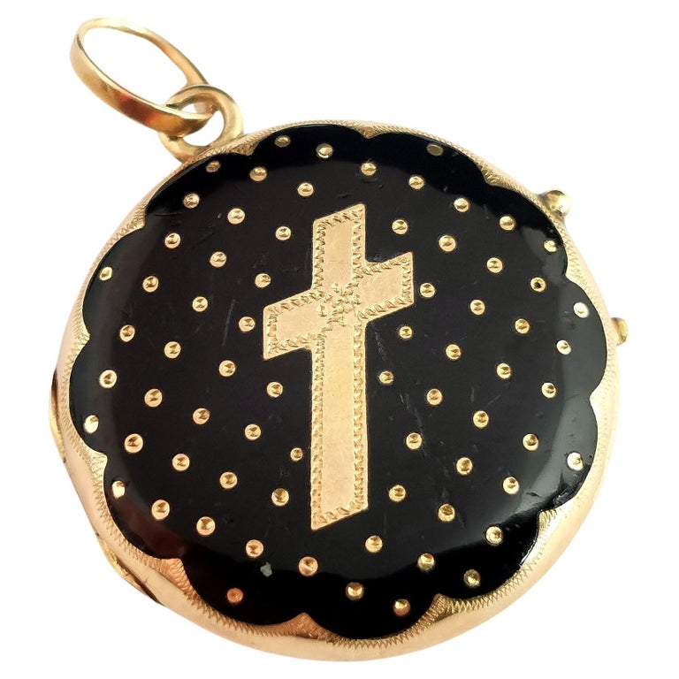 Antique Victorian Mourning Locket, 9k Gold, Black Enamel, Cross Design ...