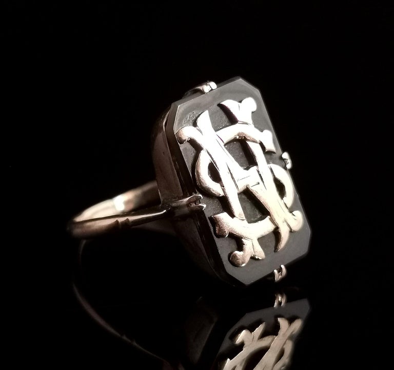 Antique Victorian Mourning Ring, Initial NS, Onyx and 9 Karat Yellow ...