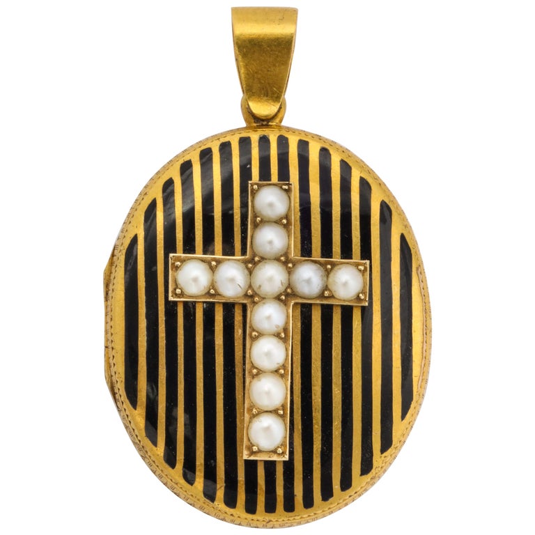 Antique Victorian Natural Pearl Cross, Enamel Locket at 1stDibs