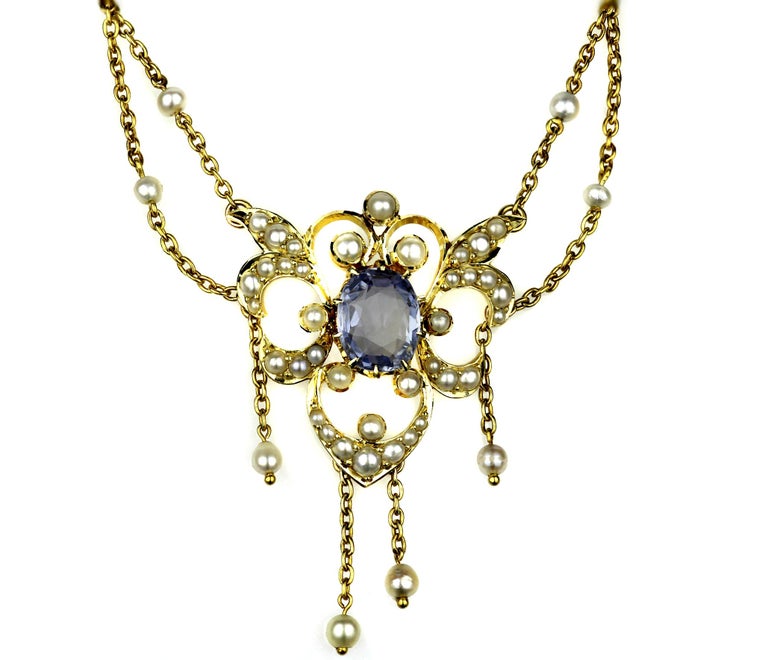 Antique Victorian Necklace with Natural Pearls and Sapphire in 15 Karat ...