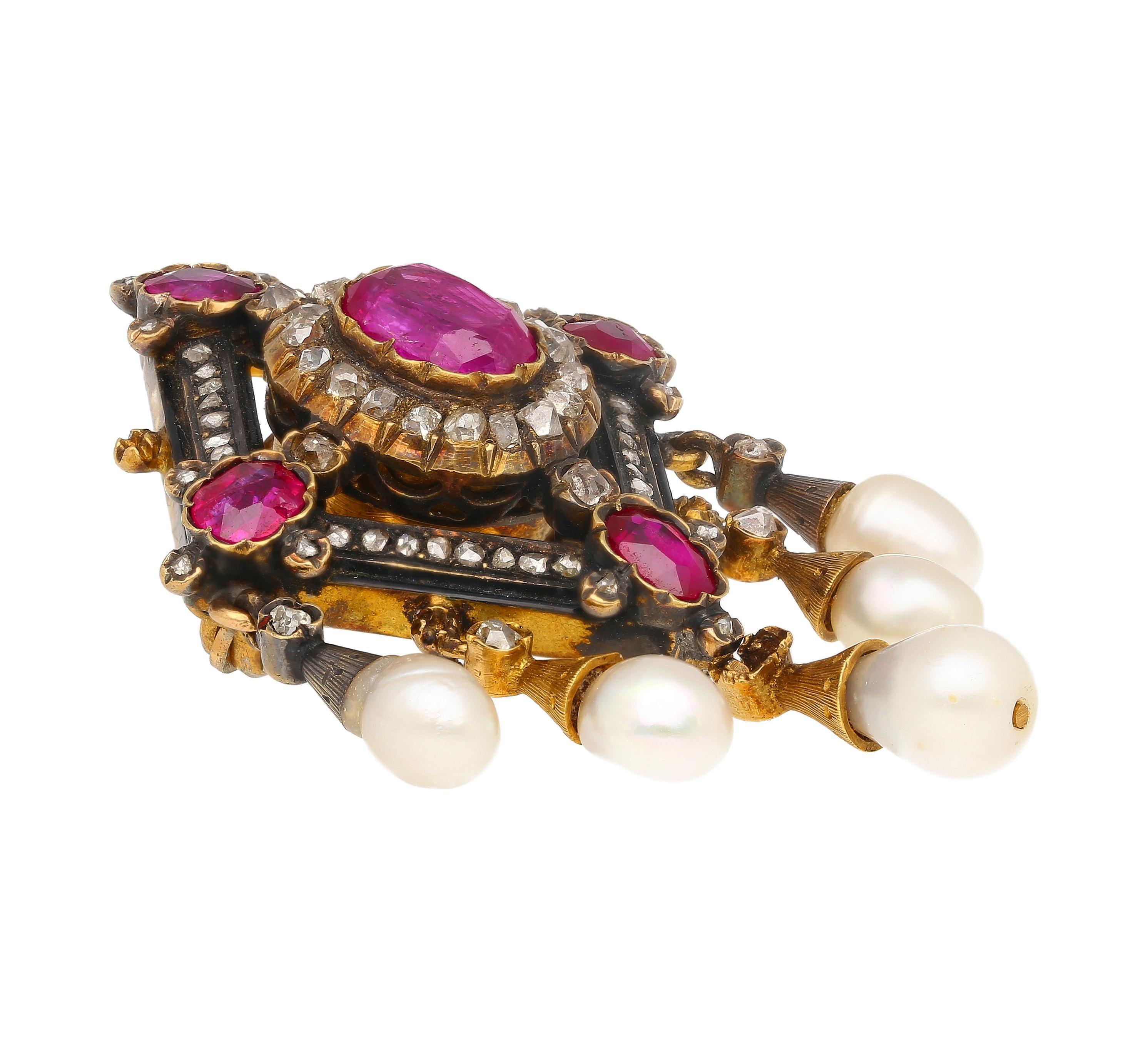Antique Victorian No-Heat Ruby, Pearl, and Diamond Gold/Silver Brooch ...