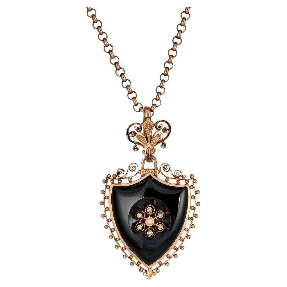 Antique Victorian Onyx Shield Double Sided Locket with Pearl Detail For ...