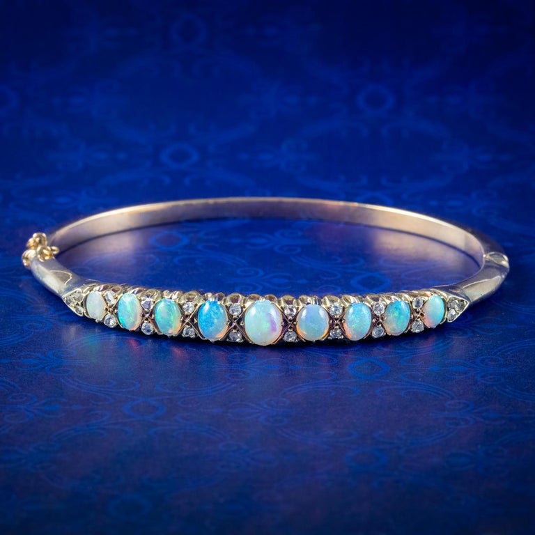 Antique Victorian Opal Diamond Bangle 9 Carat Gold 2.6 Carat of Opal ...