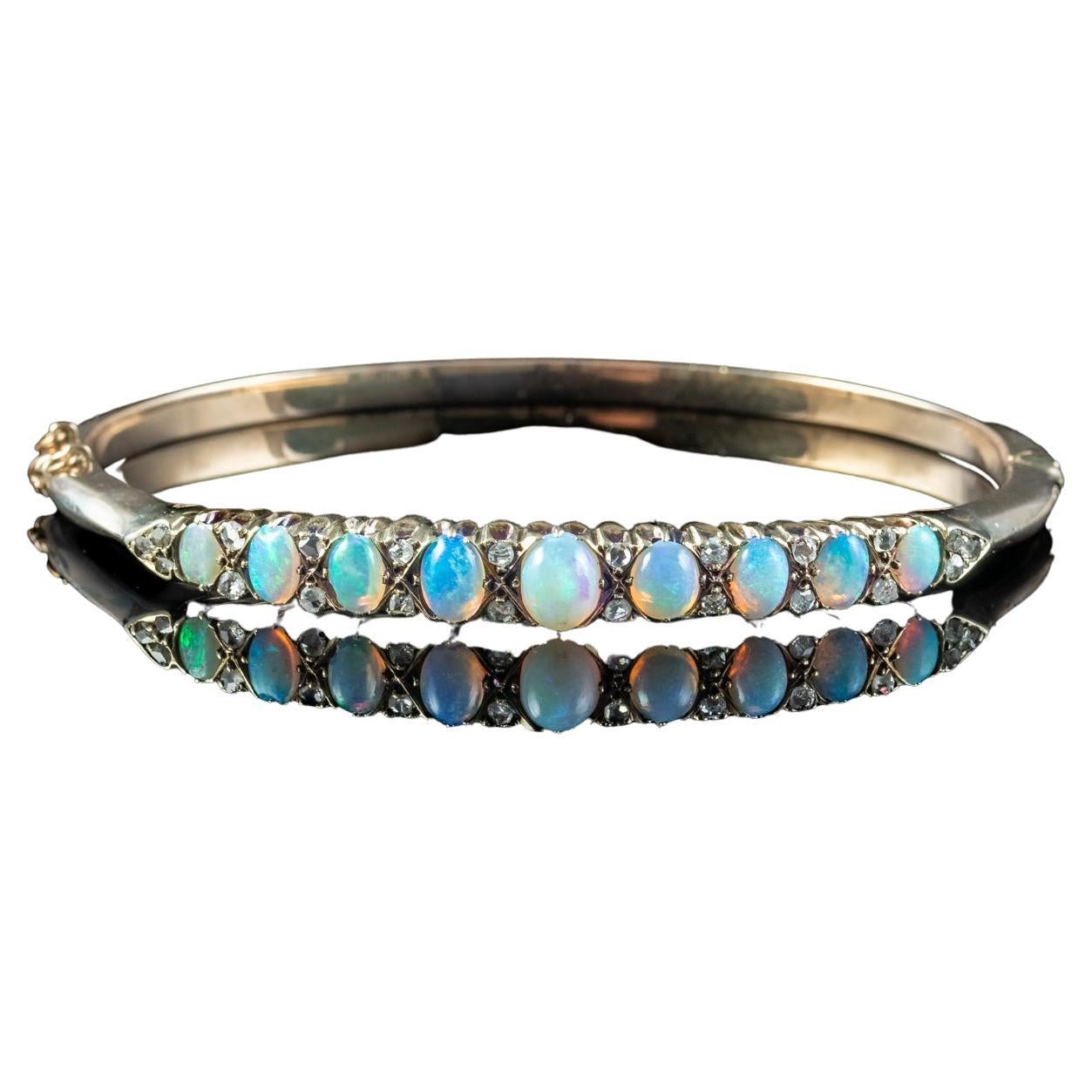 Extra-Large Victorian 30 Carat Opal and Diamond English Carved Bangle ...