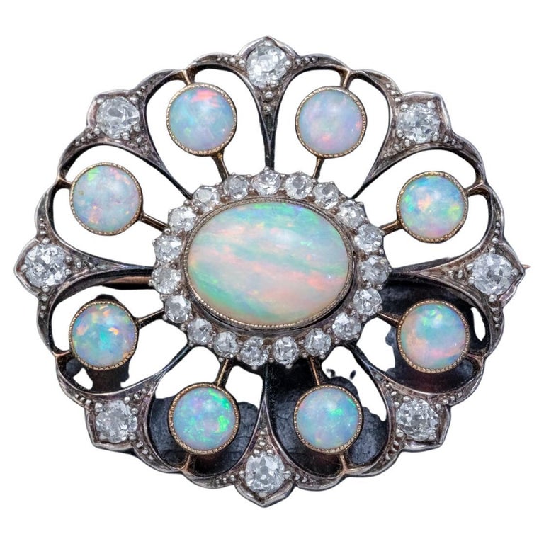 Antique Victorian Opal Diamond Brooch Natural 5.1ct Opals, Circa 1900 For Sale at 1stDibs