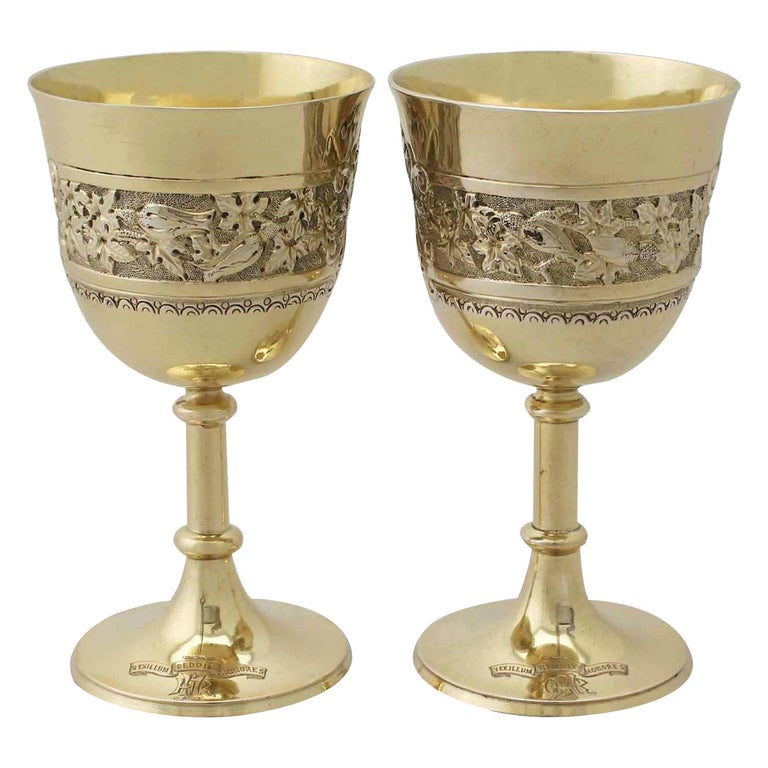 Stephen Smith Antique Victorian Pair of Sterling Silver Gilt Goblets ...