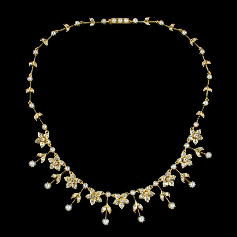 Antique Victorian Pearl Diamond Floral Necklace 18ct Gold with Box For Sale at 1stDibs