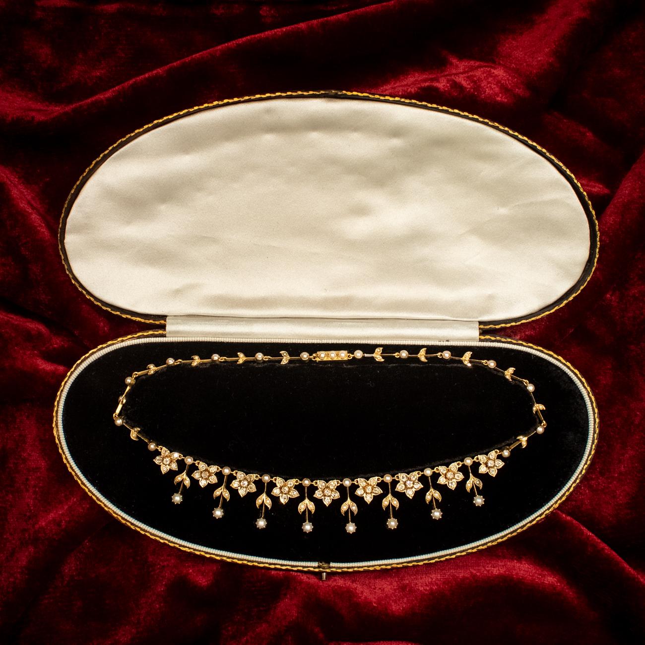 Antique Victorian Pearl Diamond Floral Necklace 18ct Gold with Box For ...