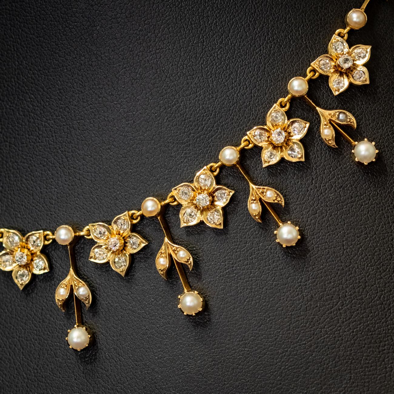 Antique Victorian Pearl Diamond Floral Necklace 18ct Gold with Box For ...