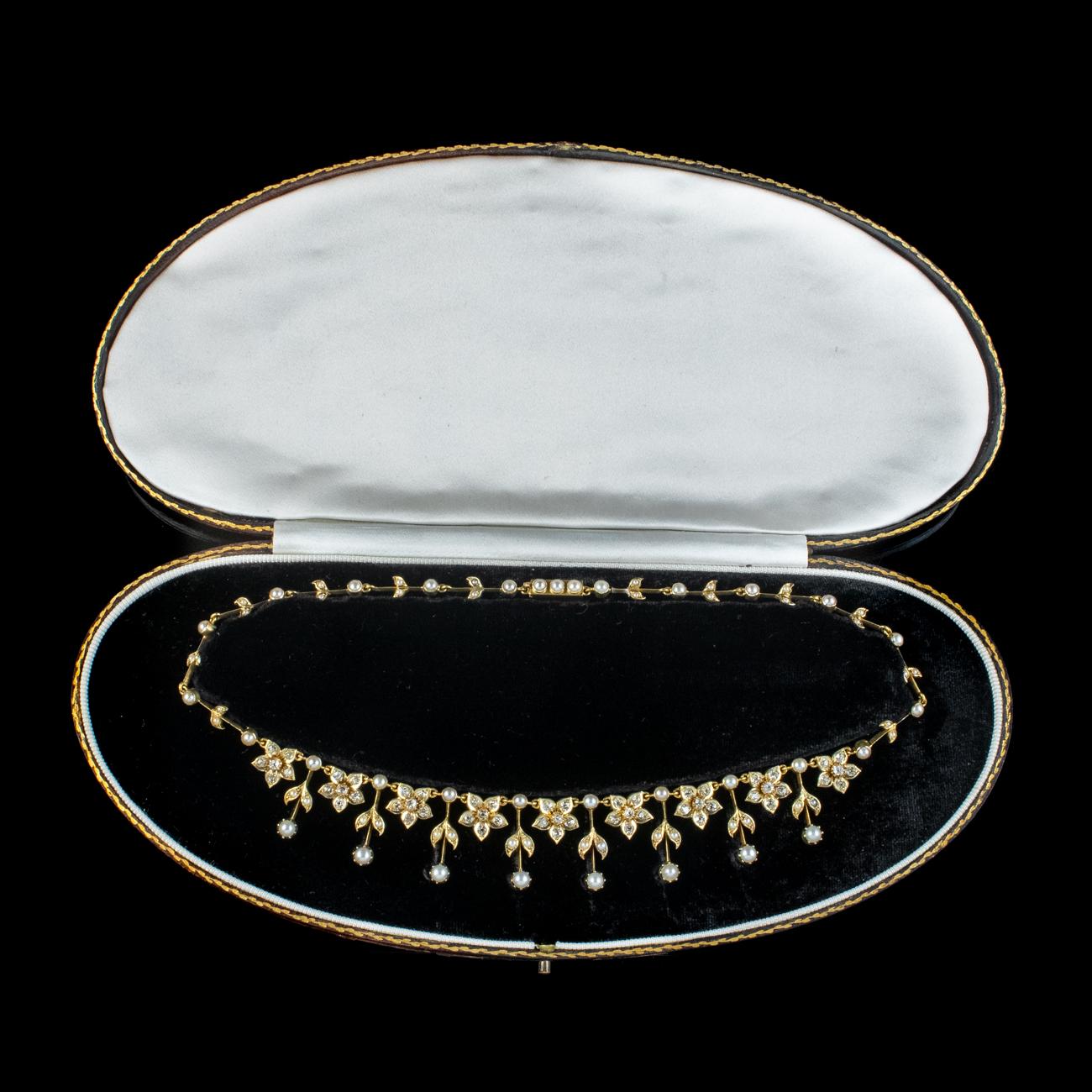 Antique Victorian Pearl Diamond Floral Necklace 18ct Gold with Box For ...