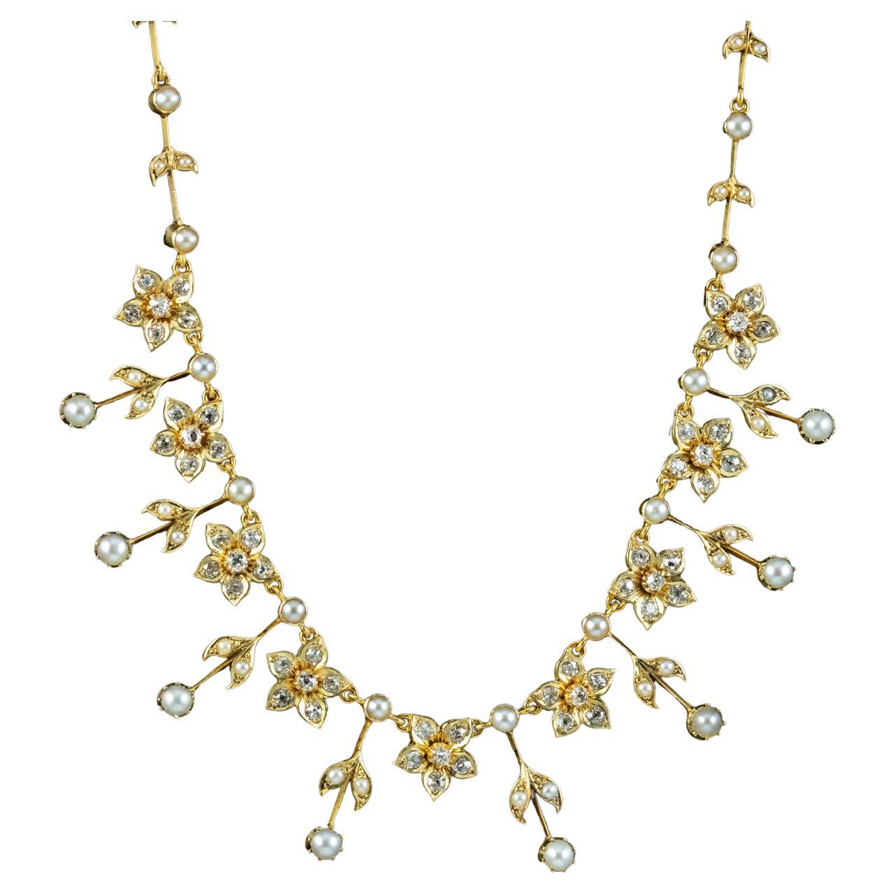 Antique Victorian Pearl Diamond Floral Necklace 18ct Gold with Box For ...
