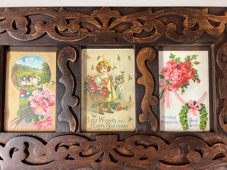 Antique Victorian Postcards in a Carved Wooden Frame For Sale at 1stDibs