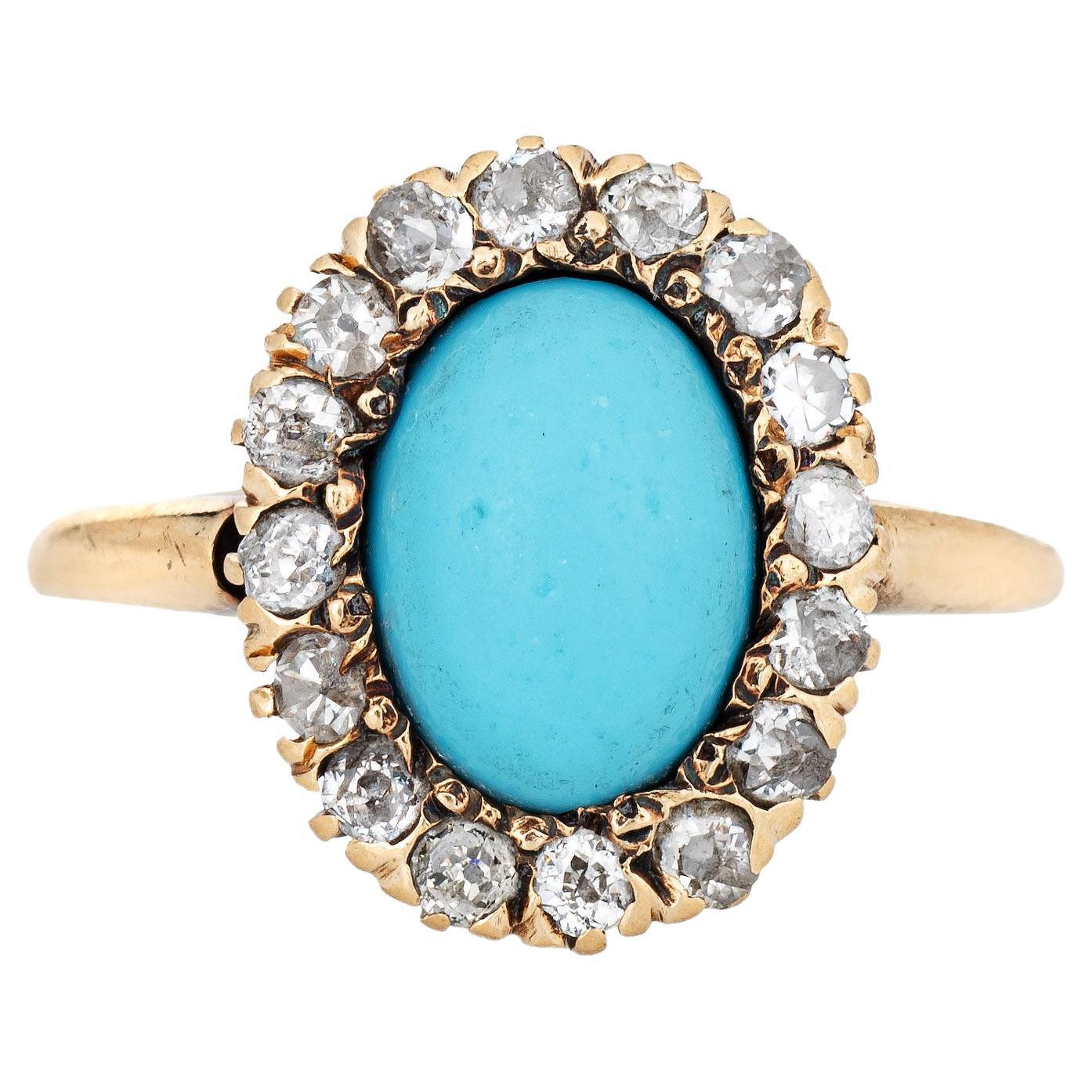 Victorian Persian Turquoise Ring Old Mine Cut Diamond Halo 14 Karat ...
