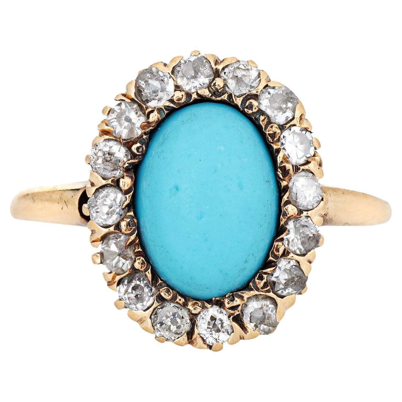 Antique Victorian Ring Turquoise Mine Diamond Cluster 14k Yellow Gold ...
