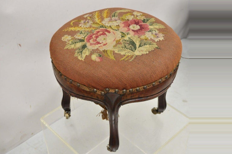 Antique Victorian Round Needlepoint Mahogany Frame Footstool Stool ...