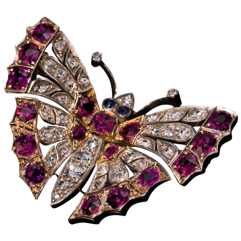 Antique Victorian Ruby Diamond Gold Butterfly Brooch at 1stDibs