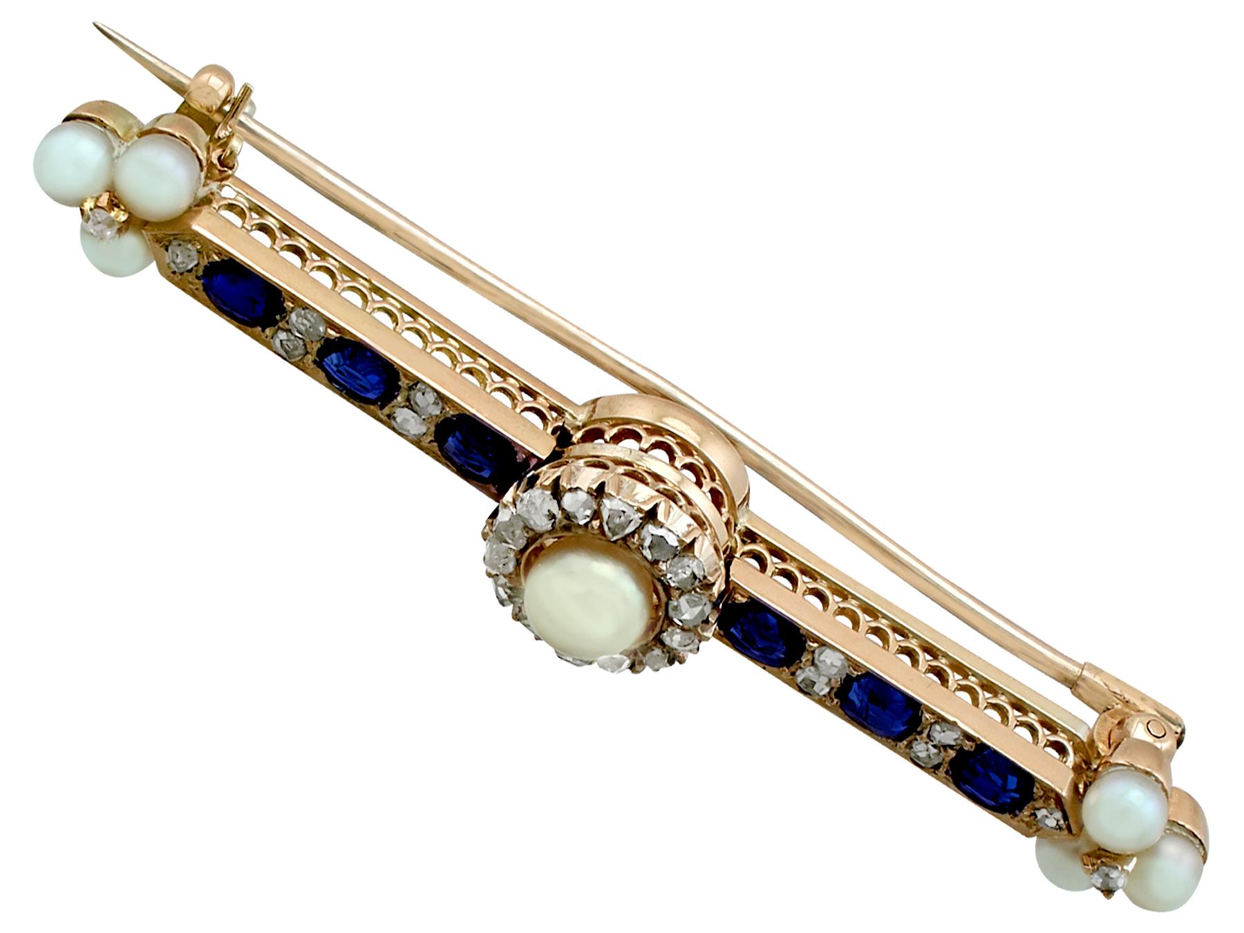 Antique Victorian Sapphire and Pearl Diamond and Yellow Gold Bar Brooch ...
