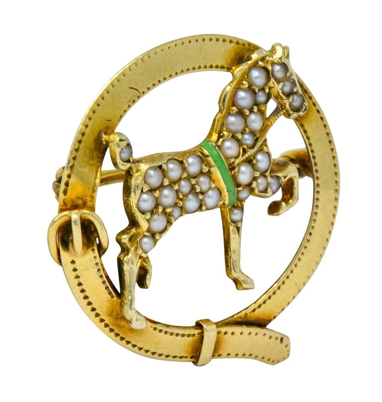 Sloan and Co. Antique Victorian Seed Pearl Enamel 14 Karat Gold Horse ...