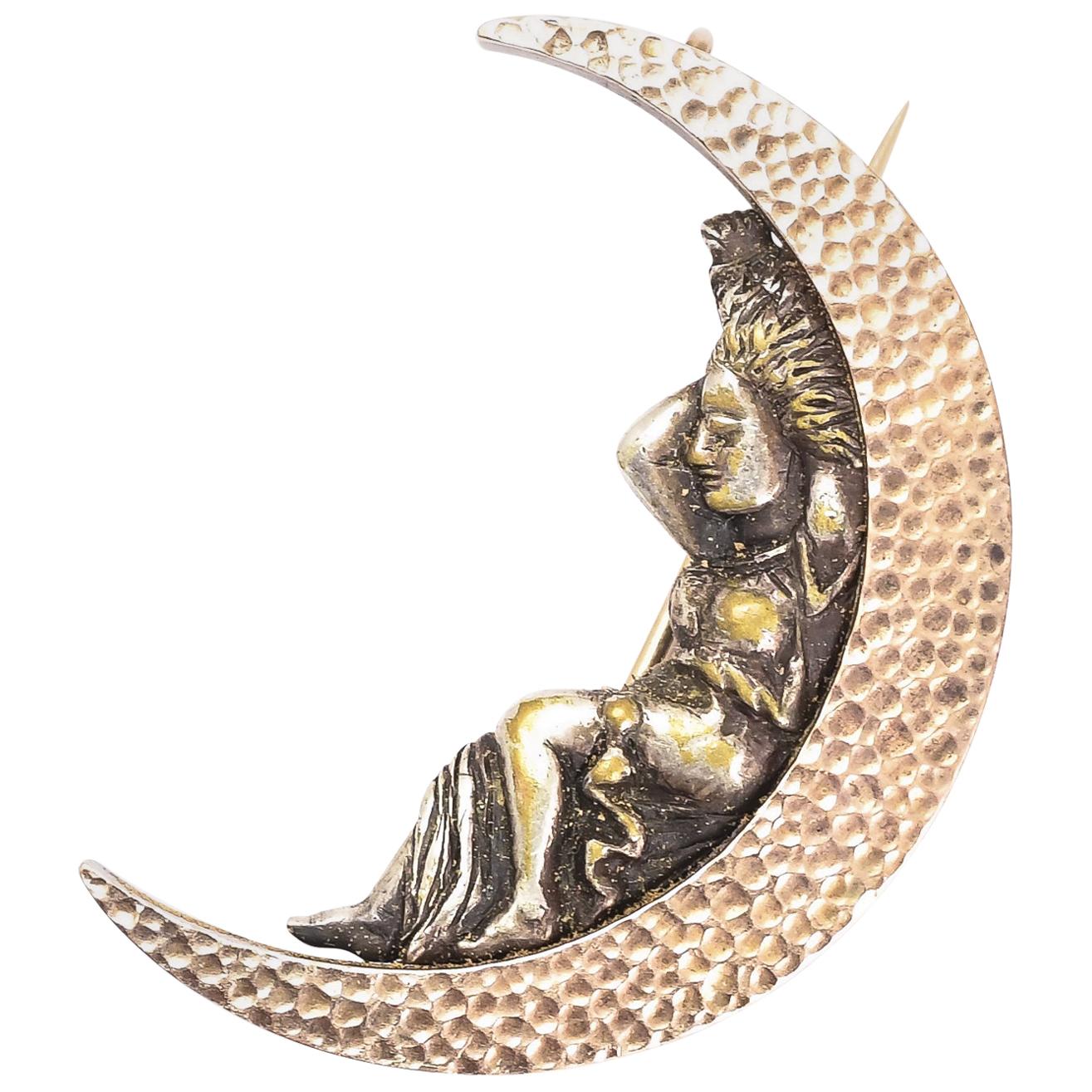 Victorian Diamond Crescent Moon en Tremblant Gold Brooch Pin at 1stDibs