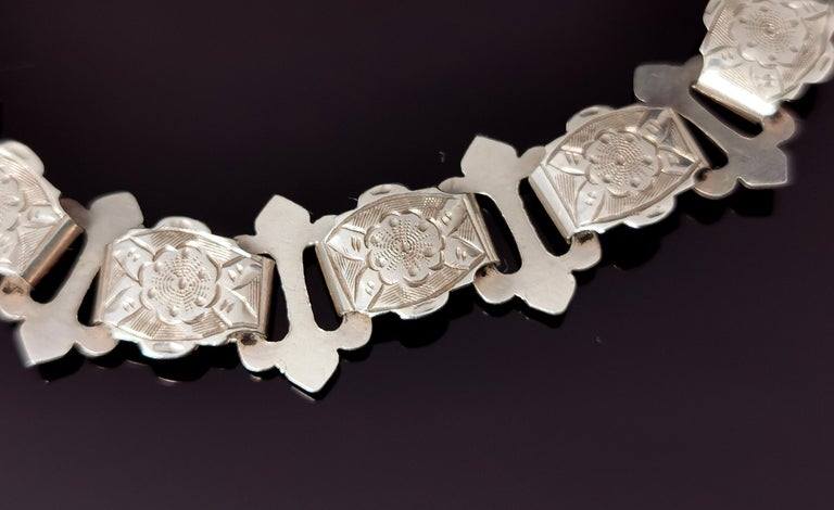 Antique Victorian Silver Book Chain Bracelet, Floral at 1stDibs