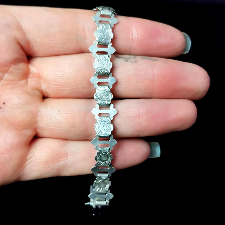 Antique Victorian Silver Book Chain Bracelet, Floral at 1stDibs