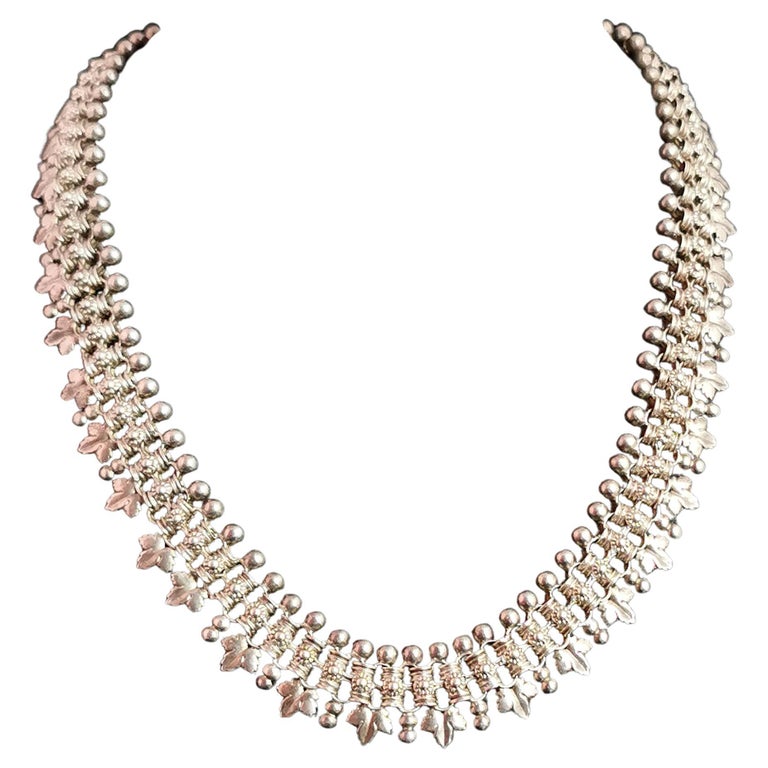 Antique Victorian Silver Collar Necklace, Fancy Link Chain, Leaves at ...