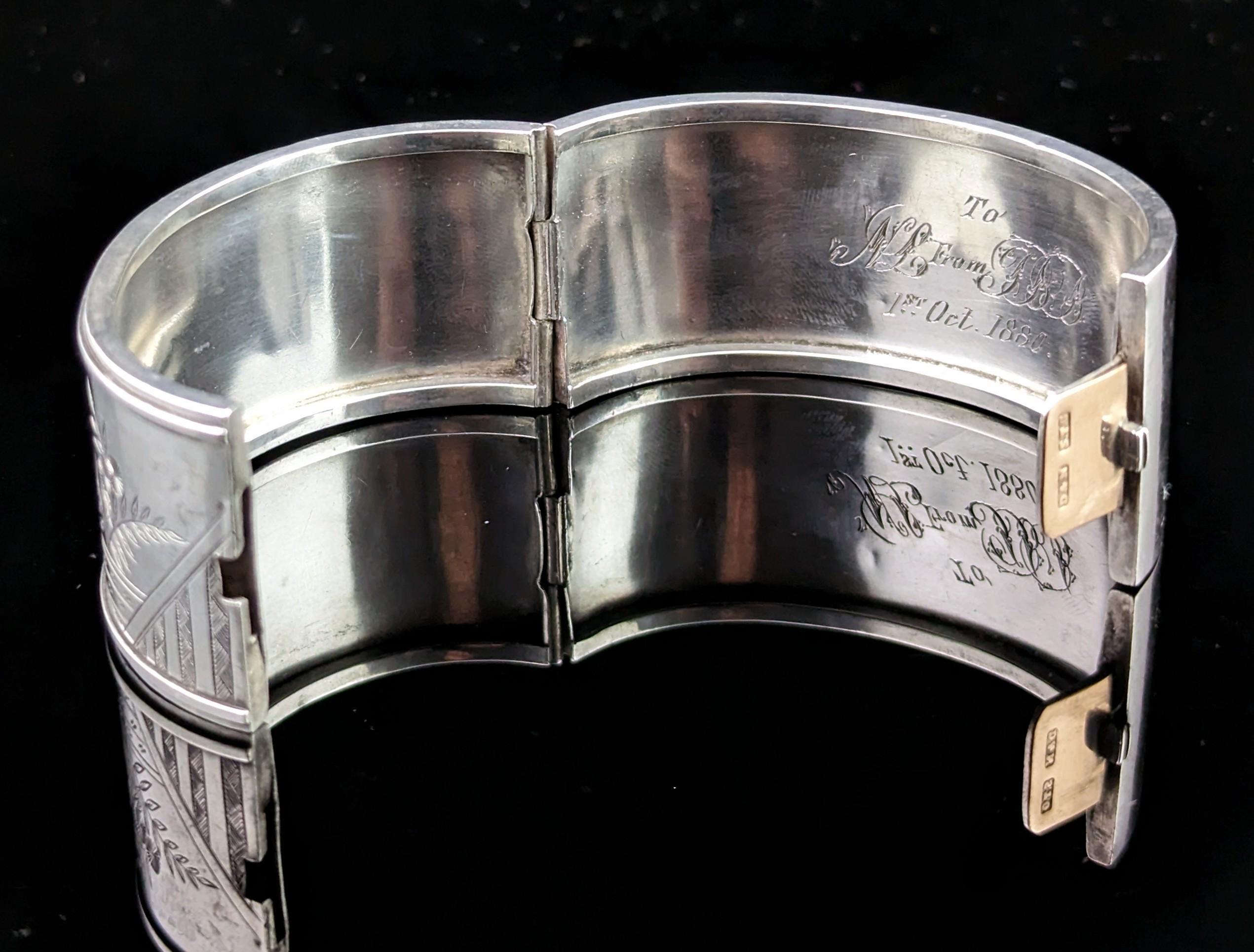 Antique Victorian silver cuff bangle, Aesthetic, Swallows at 1stDibs