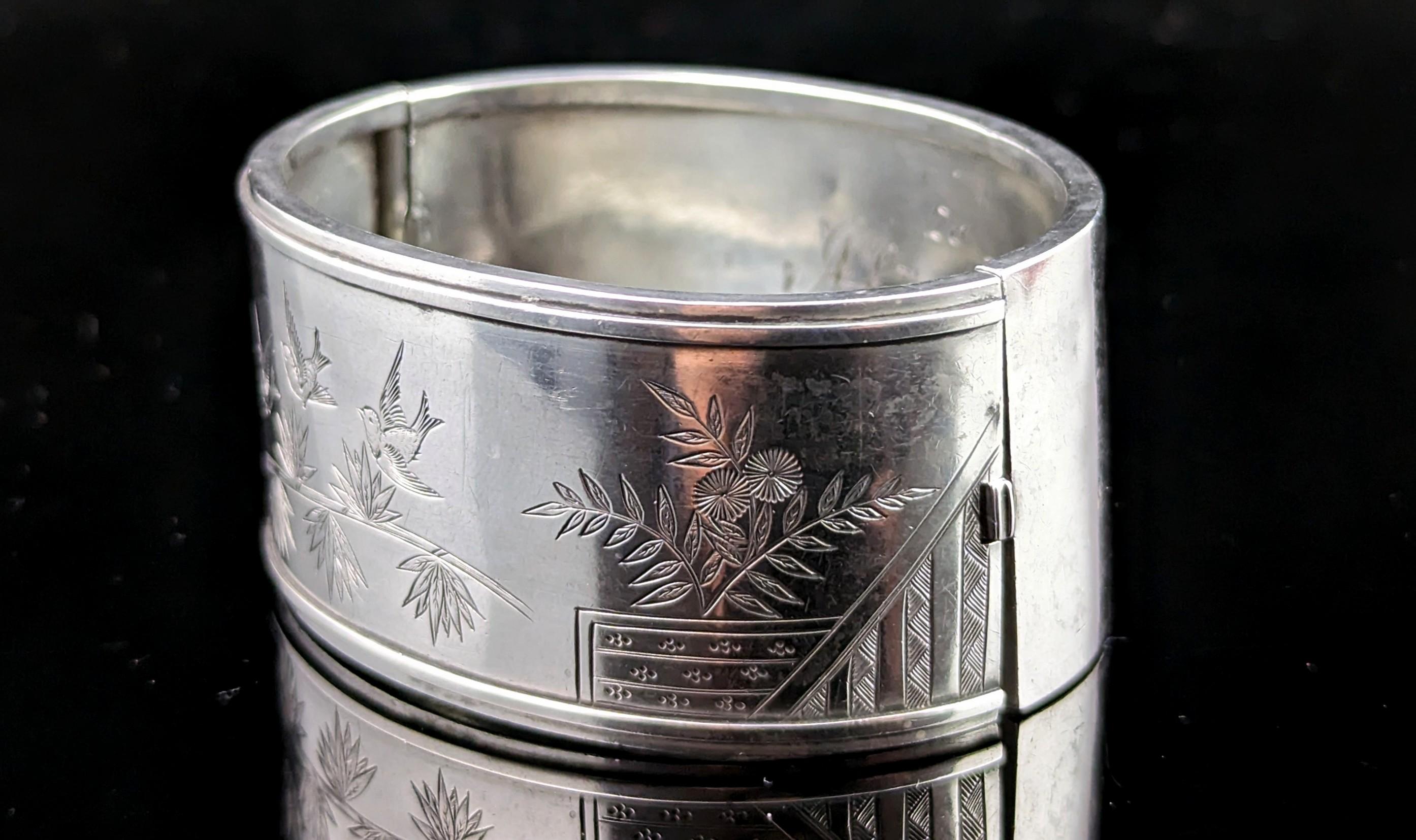 Antique Victorian silver cuff bangle, Aesthetic, Swallows at 1stDibs