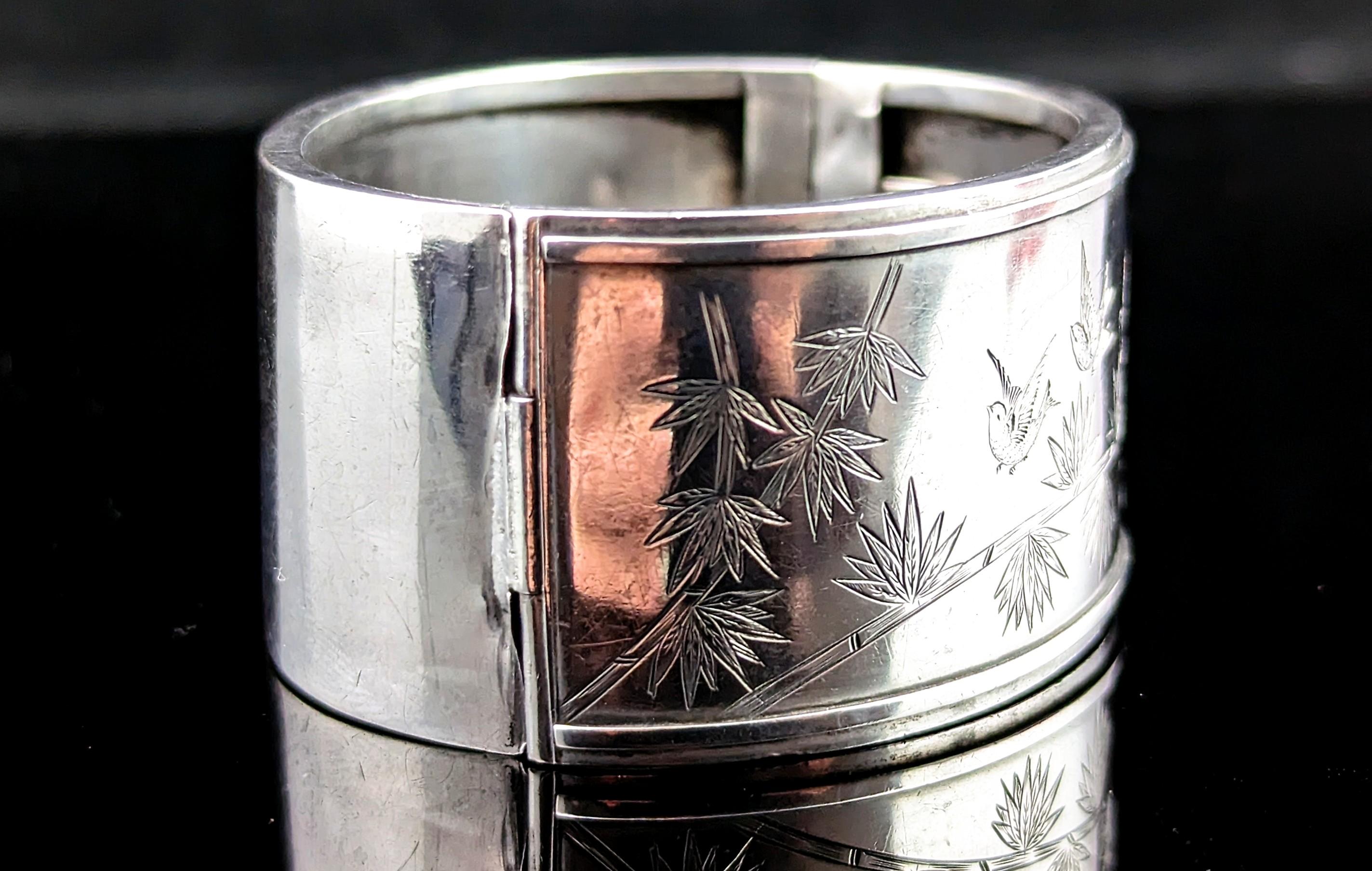 Antique Victorian silver cuff bangle, Aesthetic, Swallows at 1stDibs