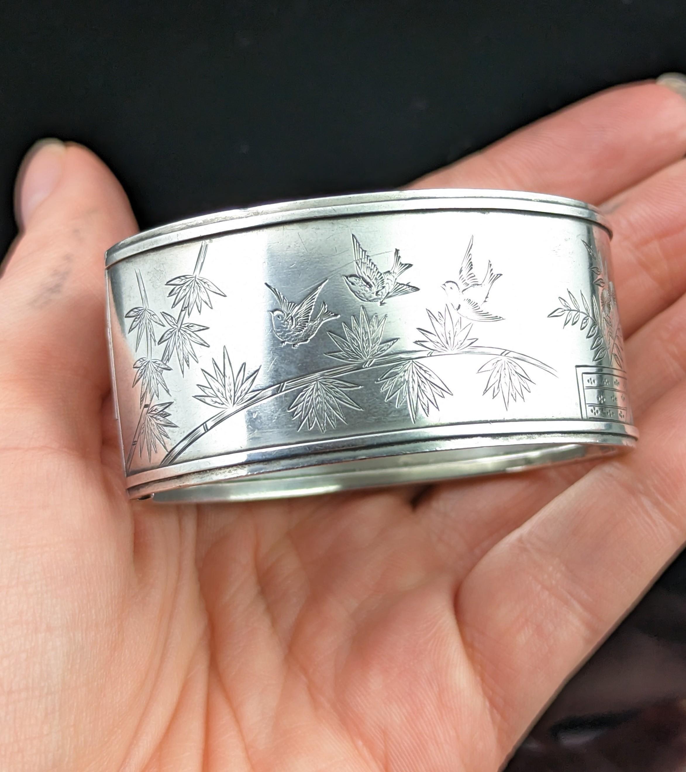 Antique Victorian silver cuff bangle, Aesthetic, Swallows at 1stDibs