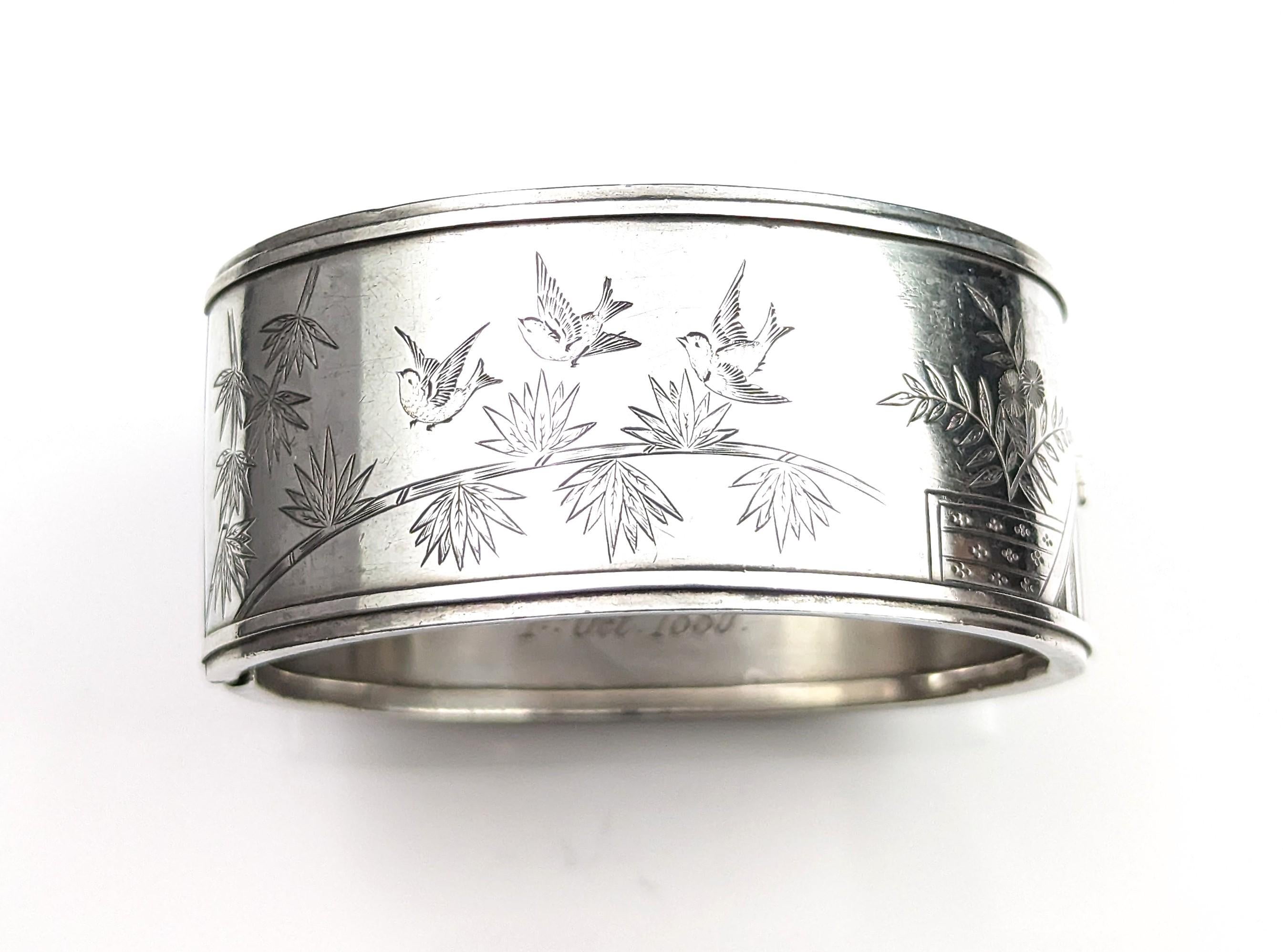 Antique Victorian silver cuff bangle, Aesthetic, Swallows at 1stDibs