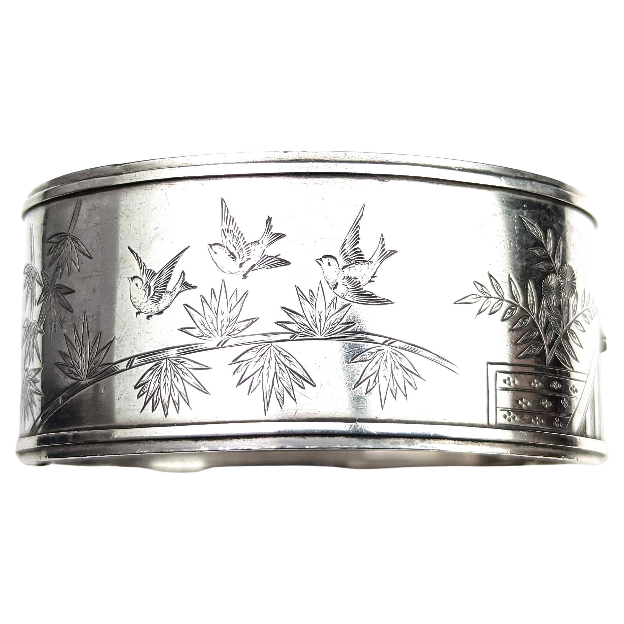 Antique Victorian silver cuff bangle, Aesthetic, Swallows at 1stDibs