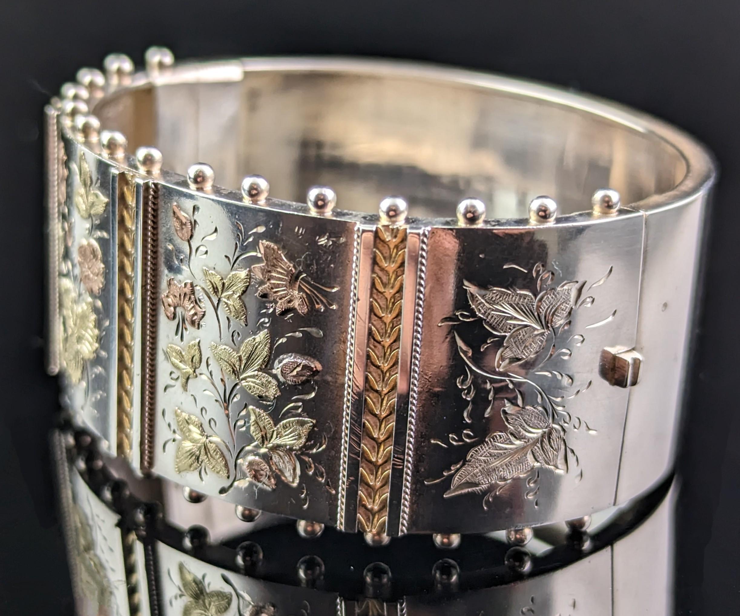Antique Victorian Silver Cuff Bangle, Chunky, Aesthetic, 9k Bi Colour ...