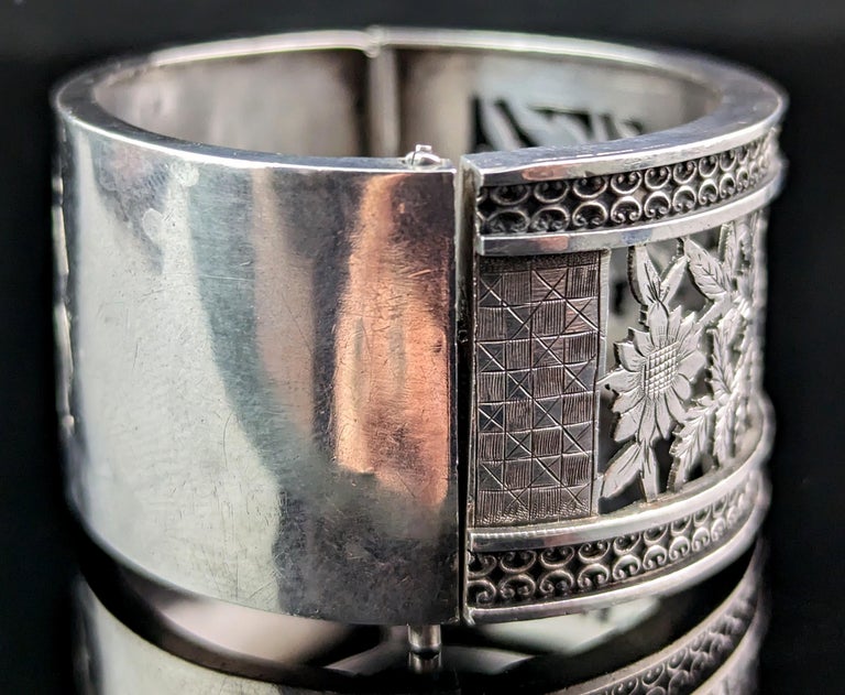 Antique Victorian Silver Cuff Bangle, Pierced Floral Design ...