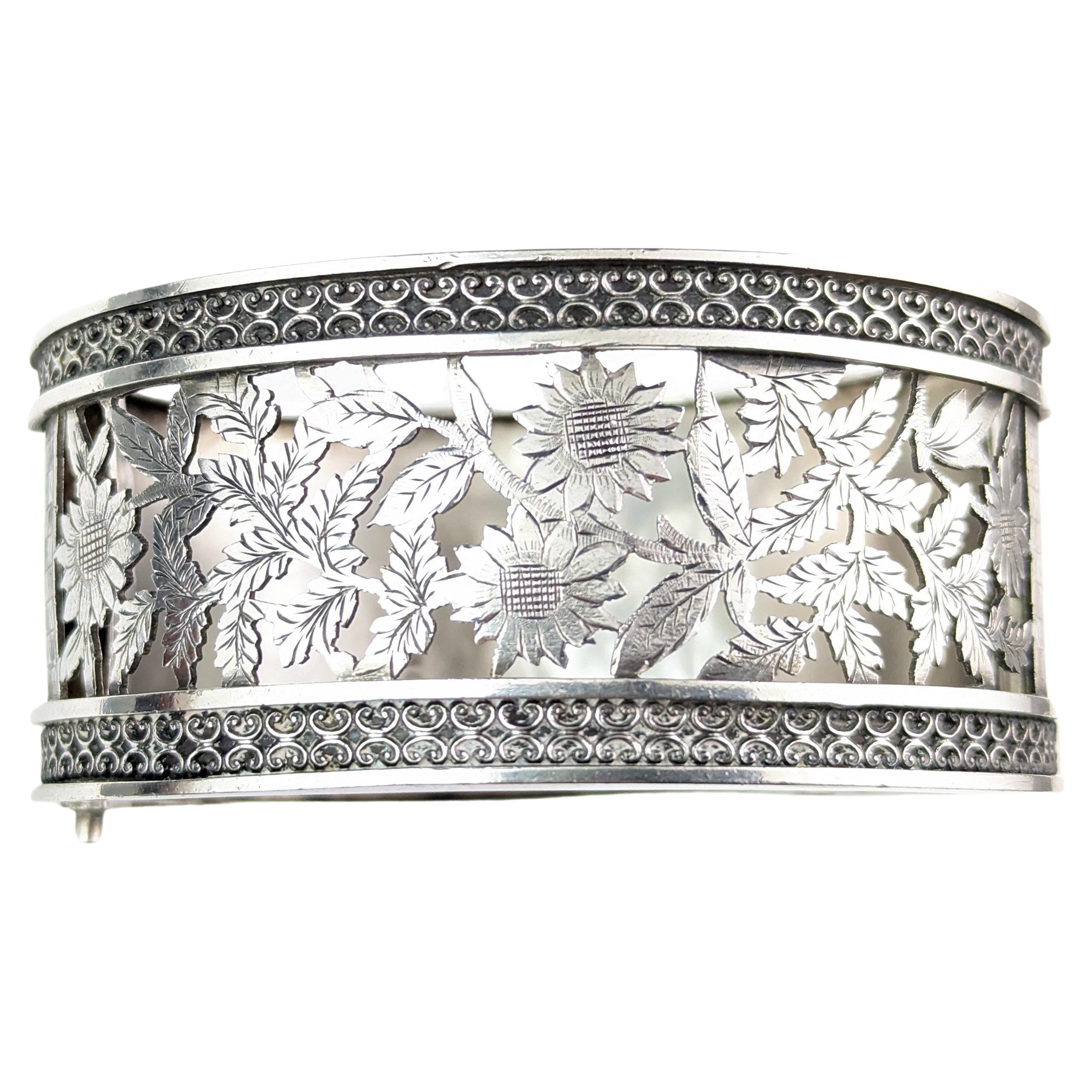 Antique Victorian Silver Cuff Bangle, Pierced Floral Design ...