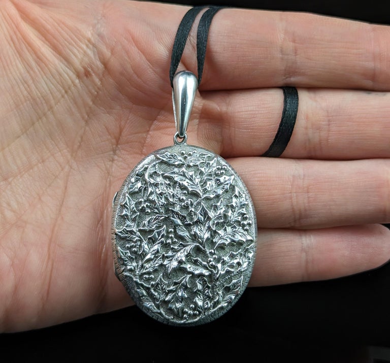 Antique Victorian Silver Locket Pendant, Holly Leaf at 1stDibs