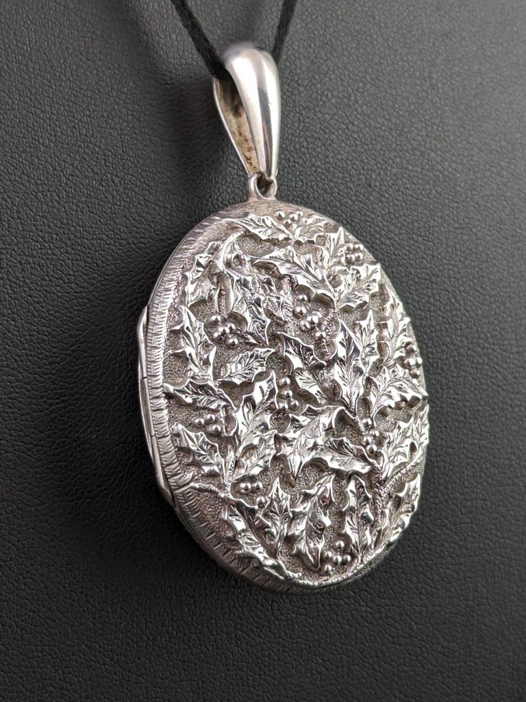 Antique Victorian Silver Locket Pendant, Holly Leaf at 1stDibs