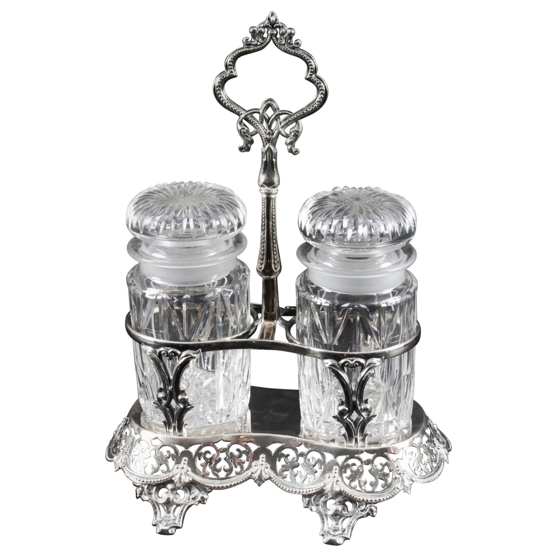 Antique Victorian Silver Plated Twin Cut Glass Bottle Pickle Set, 19th ...