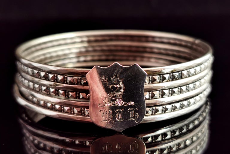 Antique Victorian Silver Stacking Bangles, Shield Slider, Heraldic Deer ...