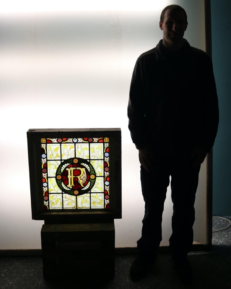 Antique Victorian Stained Glass Window with Monogram For Sale at 1stDibs