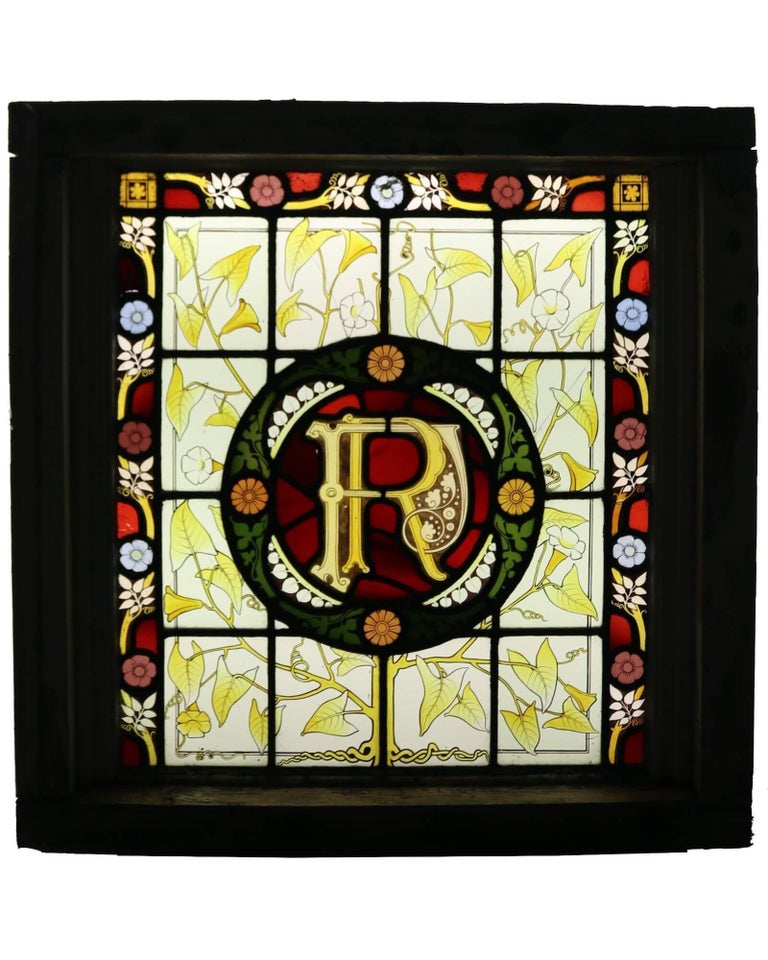 Antique Victorian Stained Glass Window with Monogram For Sale at 1stDibs