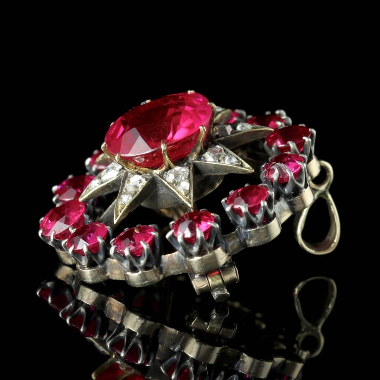 Antique Victorian Star Pendant Brooch Ruby Diamond Gold, circa 1900 For ...