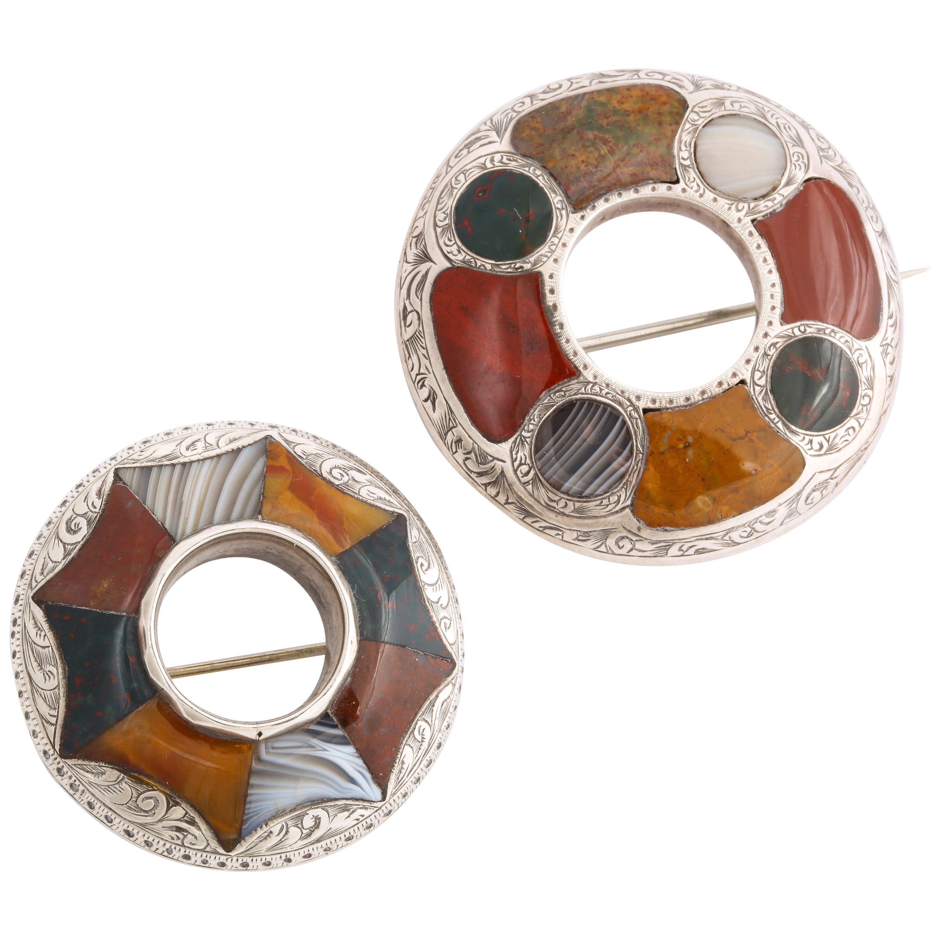 Antique Victorian Sterling and Scottish Agate Brooches at 1stDibs