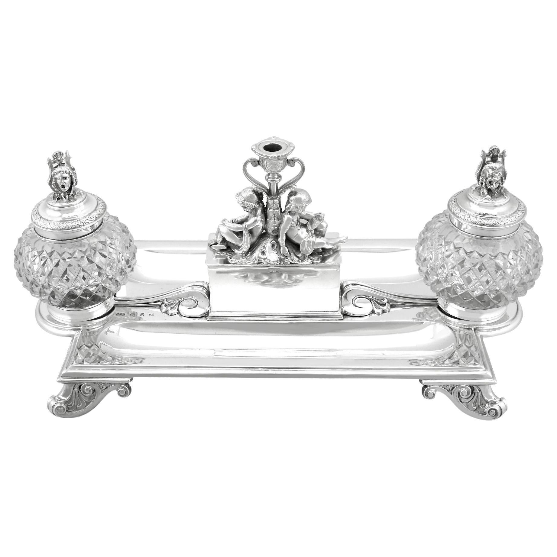 Antique English Sterling Silver Victorian Inkstand For Sale at 1stDibs