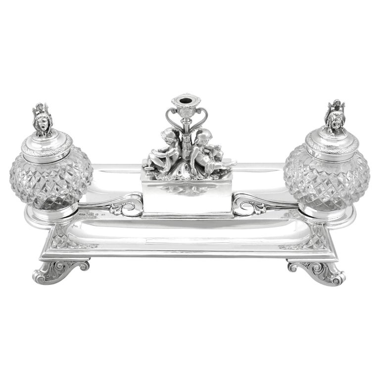 Antique Victorian Sterling Silver and Glass Inkstand / Desk Standish ...